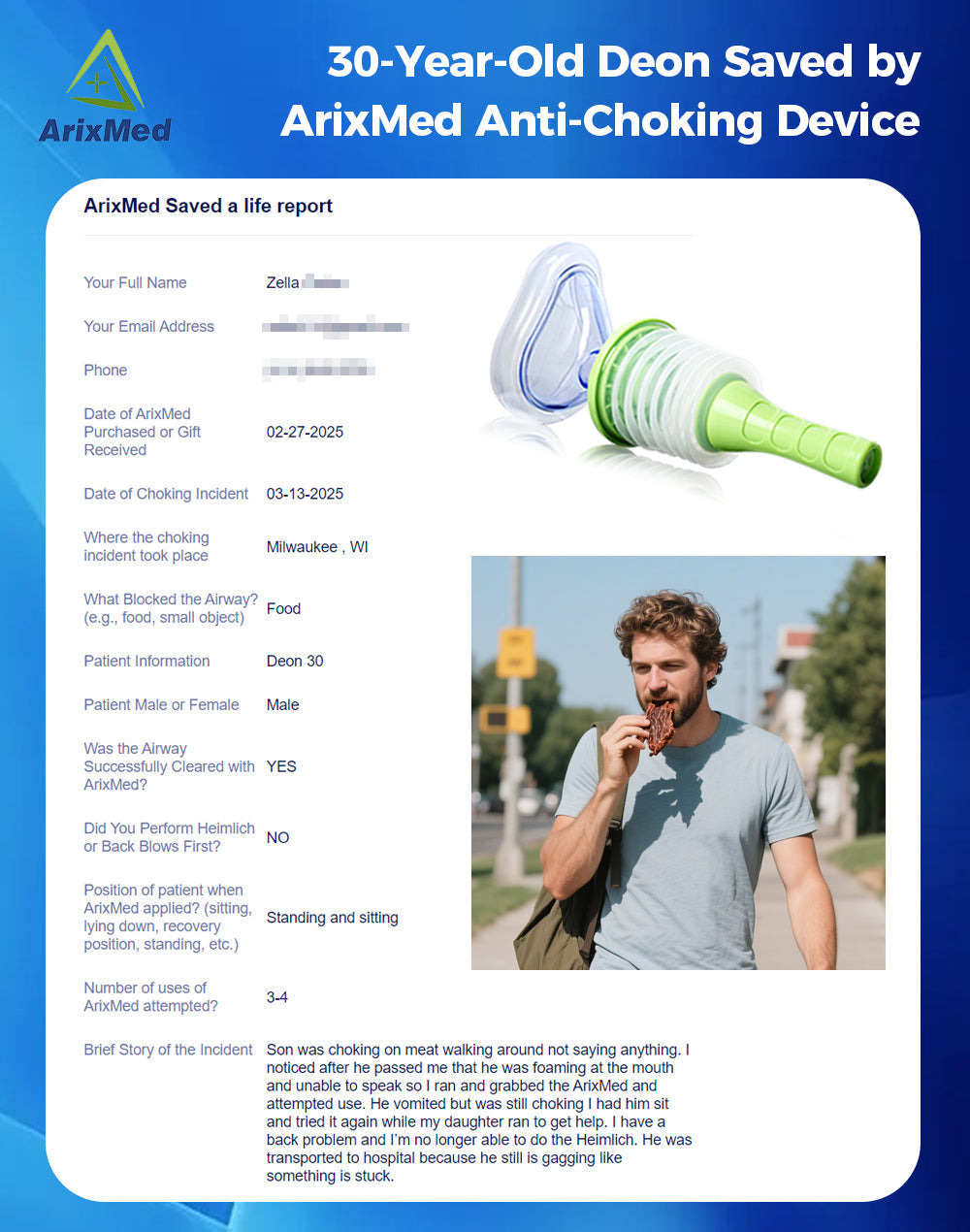 #133 30-Year-Old Deon Saved by ArixMed Anti-Choking Device – ARIX MED INC