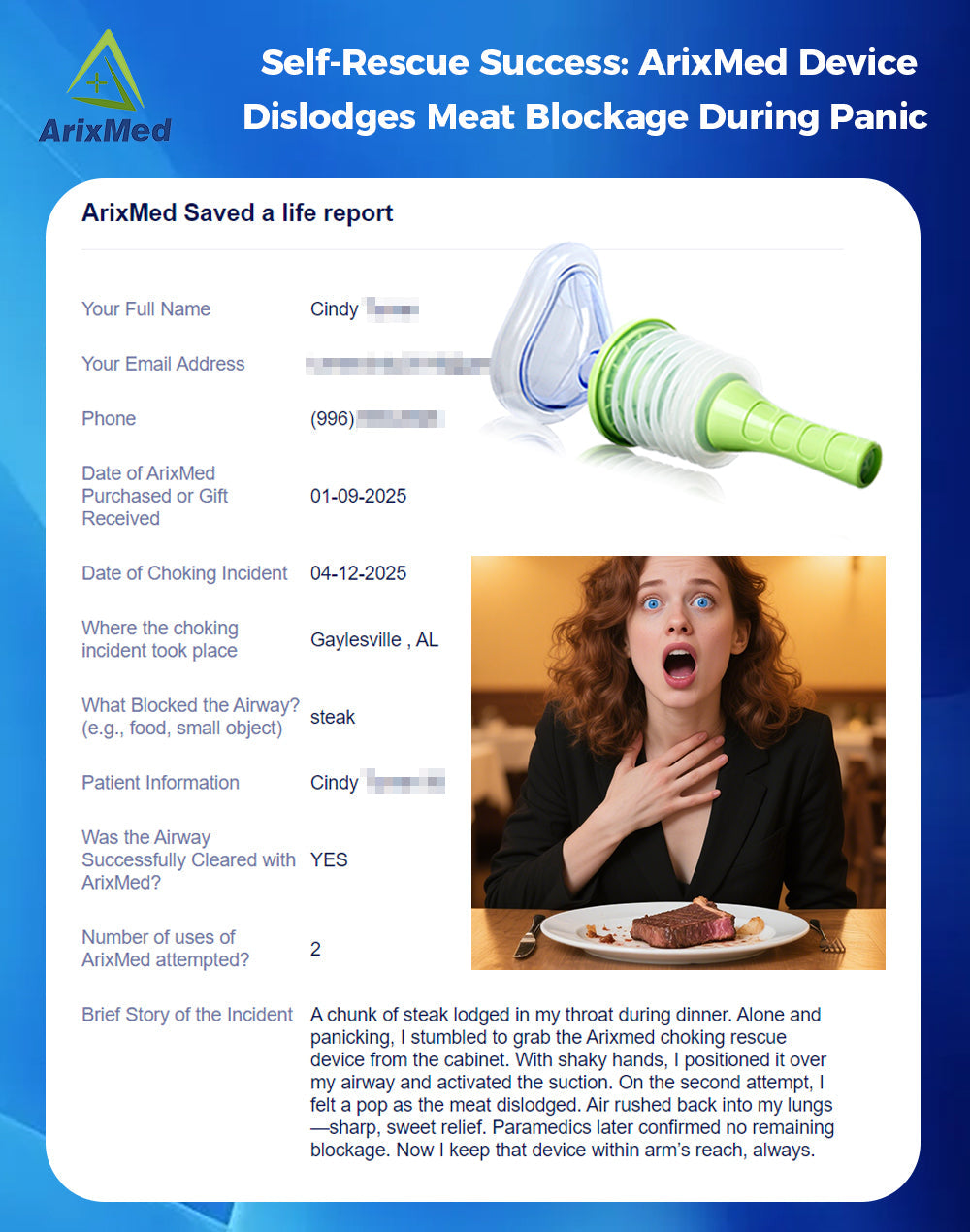 #192 Woman Uses Device to Self-Rescue from Choking Emergency – ARIX MED INC