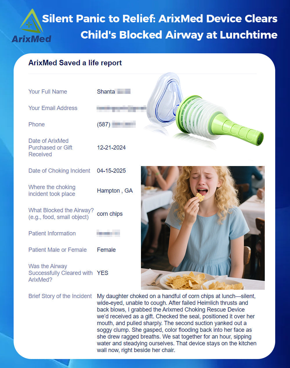 #205 ArixMed Clears Child's Airway During Lunch Emergency – ARIX MED INC
