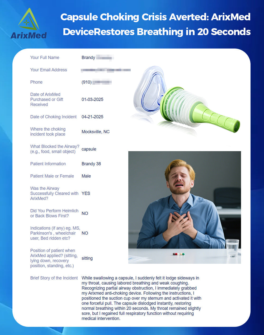 #251 ArixMed Saves Man from Choking on Capsule – ARIX MED INC