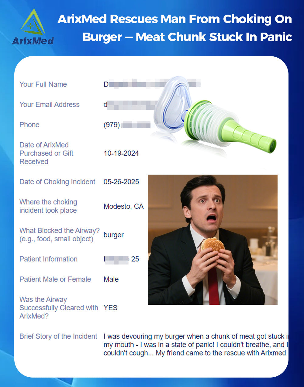 #354 ArixMed Saves Man from Choking on Burger – ARIX MED INC